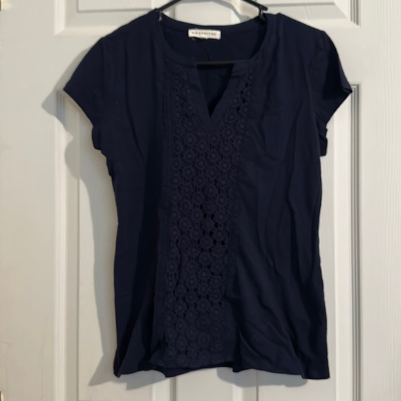retrology | Tops | Retrology Navy Blue Crochet Strip Short Sleeve Shirt ...